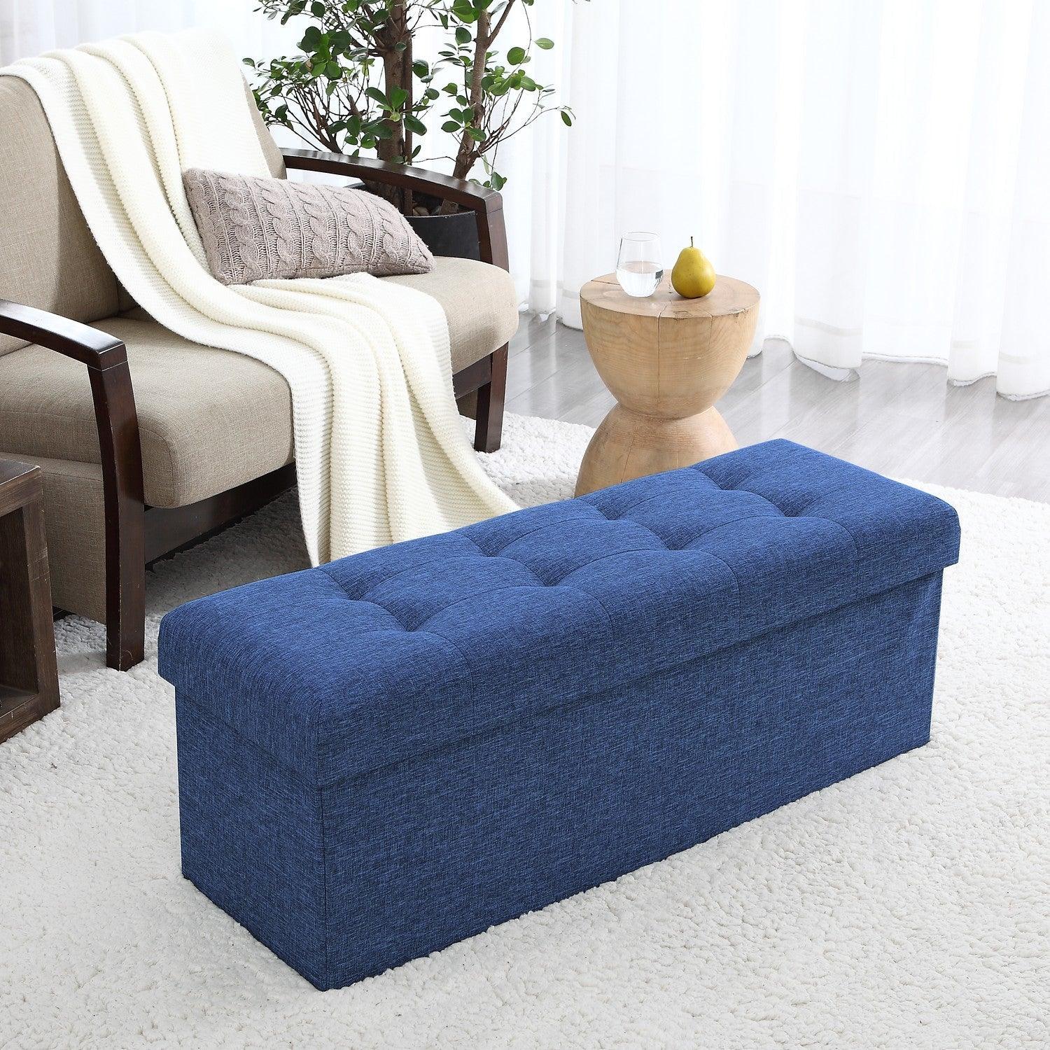Tufted Linen Storage Ottoman Bench