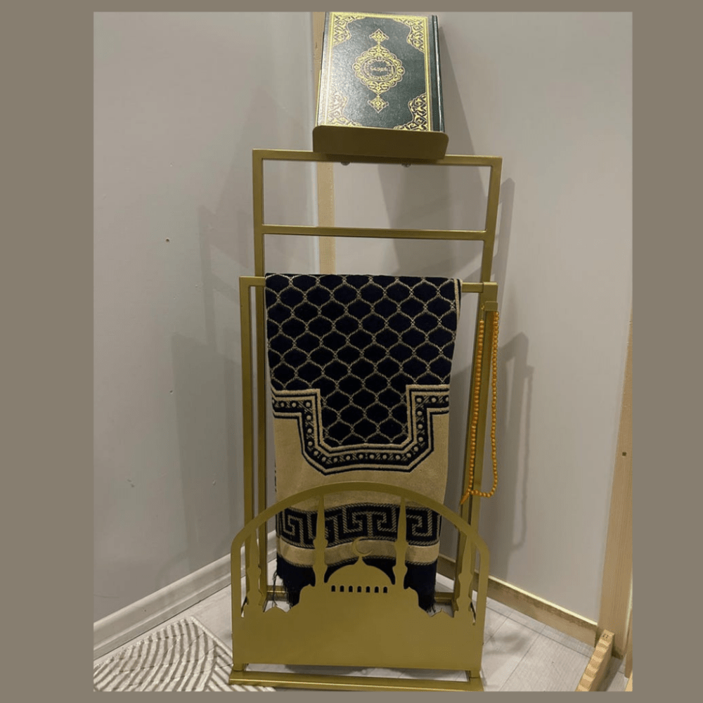 Luxury Gold Metal Prayer Mat Stand with Qur’an Holder & Tasbih Hook