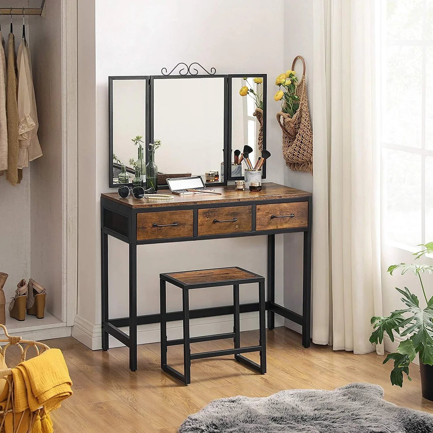 Dressing Table, Makeup Desk with 1 Stool, Tri-Fold Mirror and 3 Drawer
