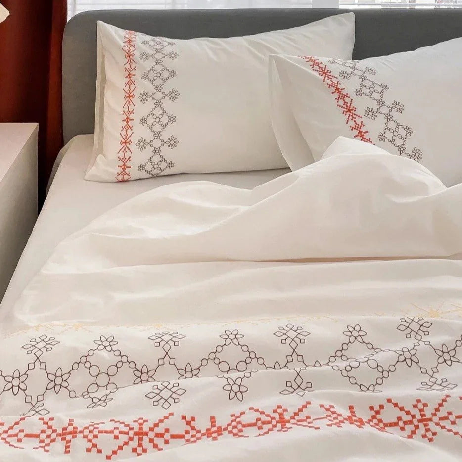 Orange Geometric Embroidered Duvet Set